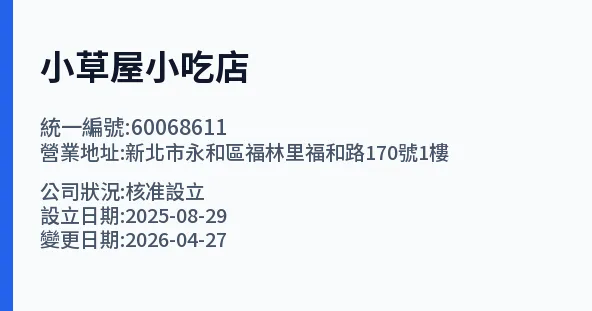 小草屋小吃店的照片-統編 60068611(新北市) 公司登記資料與營業項目詳細圖表
