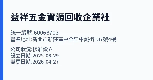 益祥五金資源回收企業社的照片-統編 60068703(新北市) 公司登記資料與營業項目詳細圖表