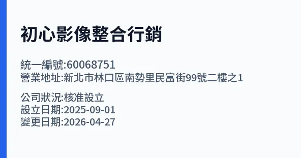 初心影像整合行銷的照片-統編 60068751(新北市) 公司登記資料與營業項目詳細圖表