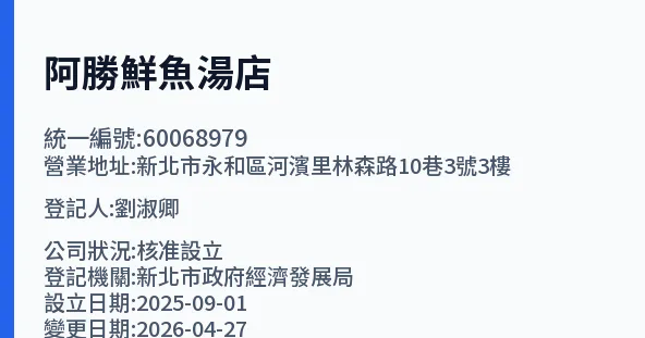 阿勝鮮魚湯店的照片-統編 60068979(新北市) 公司登記資料與營業項目詳細圖表