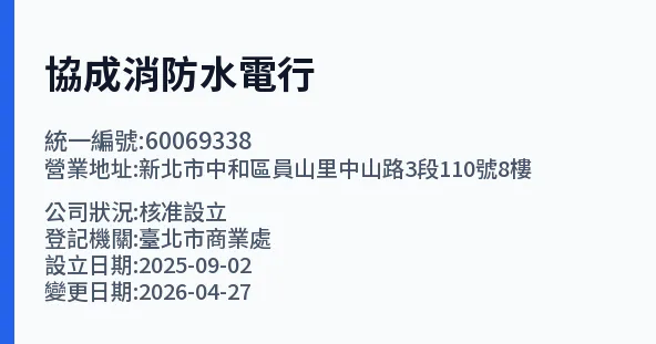 協成消防水電行的照片-統編 60069338(新北市) 公司登記資料與營業項目詳細圖表