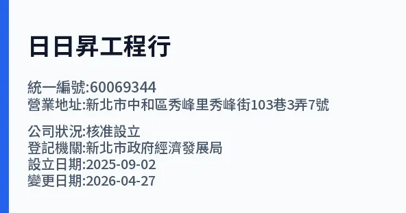 日日昇工程行的照片-統編 60069344(新北市) 公司登記資料與營業項目詳細圖表