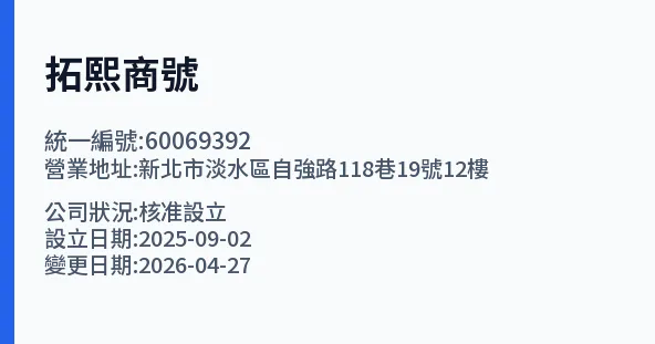 拓熙商號的照片-統編 60069392(新北市) 公司登記資料與營業項目詳細圖表