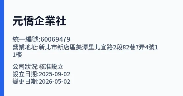 元僑企業社的照片-統編 60069479(新北市) 公司登記資料與營業項目詳細圖表