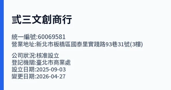 弎三文創商行的照片-統編 60069581(新北市) 公司登記資料與營業項目詳細圖表