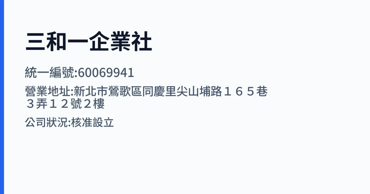 三和一企業社 - 統編 60069941(新北市) 公司登記資料與營業項目詳細圖表