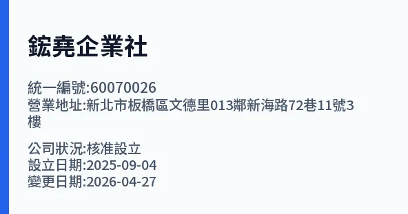鋐堯企業社的照片-統編 60070026(新北市) 公司登記資料與營業項目詳細圖表