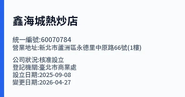 鑫海城熱炒店的照片-統編 60070784(新北市) 公司登記資料與營業項目詳細圖表