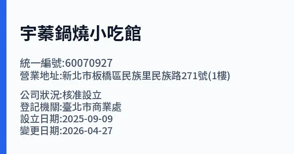 宇蓁鍋燒小吃館的照片-統編 60070927(新北市) 公司登記資料與營業項目詳細圖表