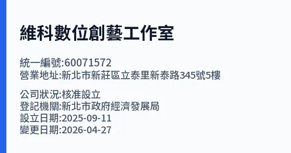 維科數位創藝工作室的照片-統編 60071572(新北市) 公司登記資料與營業項目詳細圖表