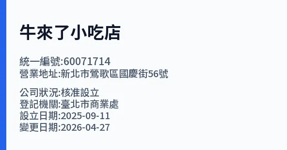牛來了小吃店的照片-統編 60071714(新北市) 公司登記資料與營業項目詳細圖表