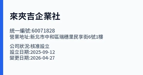 來夾吉企業社的照片-統編 60071828(新北市) 公司登記資料與營業項目詳細圖表