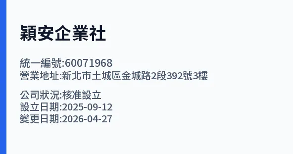 穎安企業社的照片-統編 60071968(新北市) 公司登記資料與營業項目詳細圖表