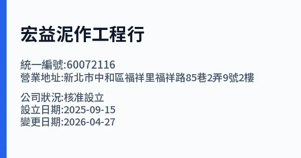 宏益泥作工程行的照片-統編 60072116(新北市) 公司登記資料與營業項目詳細圖表