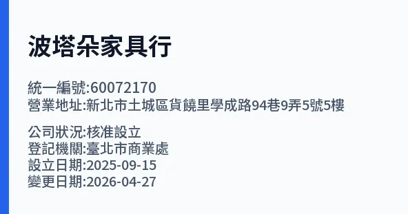 波塔朵家具行的照片-統編 60072170(新北市) 公司登記資料與營業項目詳細圖表