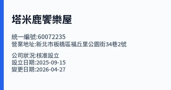 塔米鹿饗樂屋的照片-統編 60072235(新北市) 公司登記資料與營業項目詳細圖表
