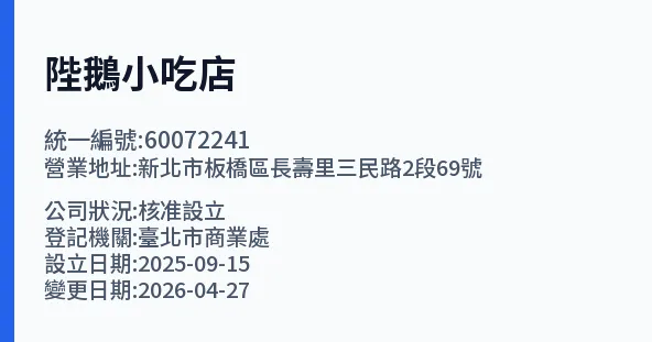 陛鵝小吃店的照片-統編 60072241(新北市) 公司登記資料與營業項目詳細圖表