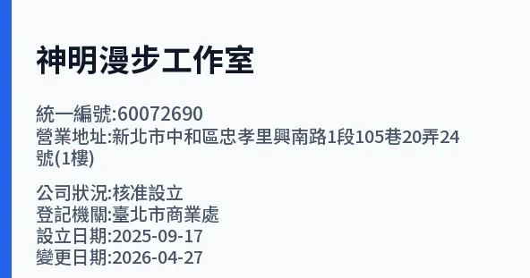 神明漫步工作室的照片-統編 60072690(新北市) 公司登記資料與營業項目詳細圖表