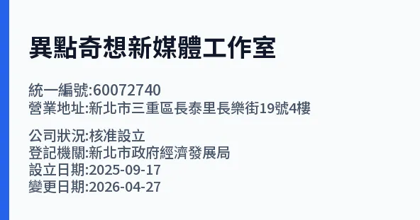 異點奇想新媒體工作室的照片-統編 60072740(新北市) 公司登記資料與營業項目詳細圖表