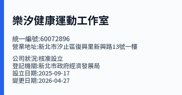 樂汐健康運動工作室的照片-統編 60072896(新北市) 公司登記資料與營業項目詳細圖表