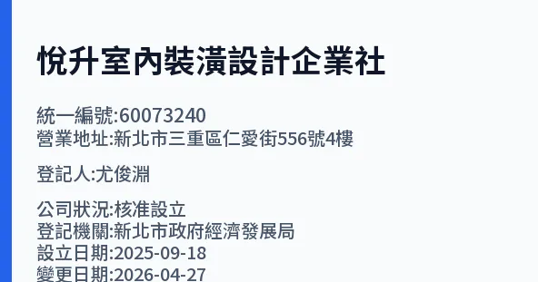 悅升室內裝潢設計企業社的照片-統編 60073240(新北市) 公司登記資料與營業項目詳細圖表