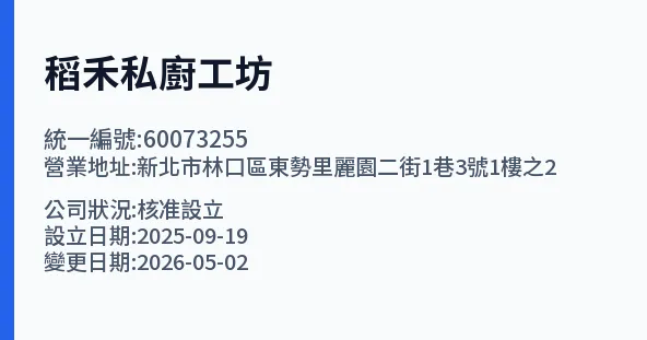 稻禾私廚工坊的照片-統編 60073255(新北市) 公司登記資料與營業項目詳細圖表