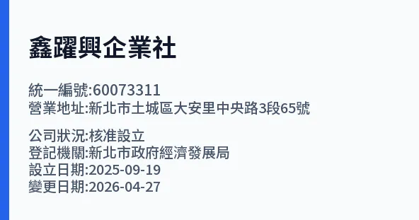 鑫躍興企業社的照片-統編 60073311(新北市) 公司登記資料與營業項目詳細圖表