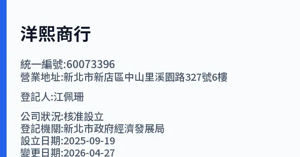 洋熙商行的照片-統編 60073396(新北市) 公司登記資料與營業項目詳細圖表