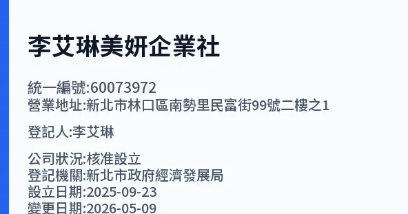 李艾琳美妍企業社的照片-統編 60073972(新北市) 公司登記資料與營業項目詳細圖表