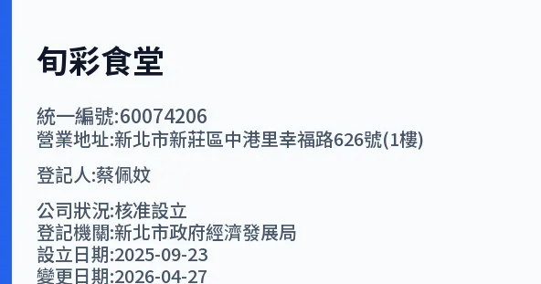 旬彩食堂的照片-統編 60074206(新北市) 公司登記資料與營業項目詳細圖表