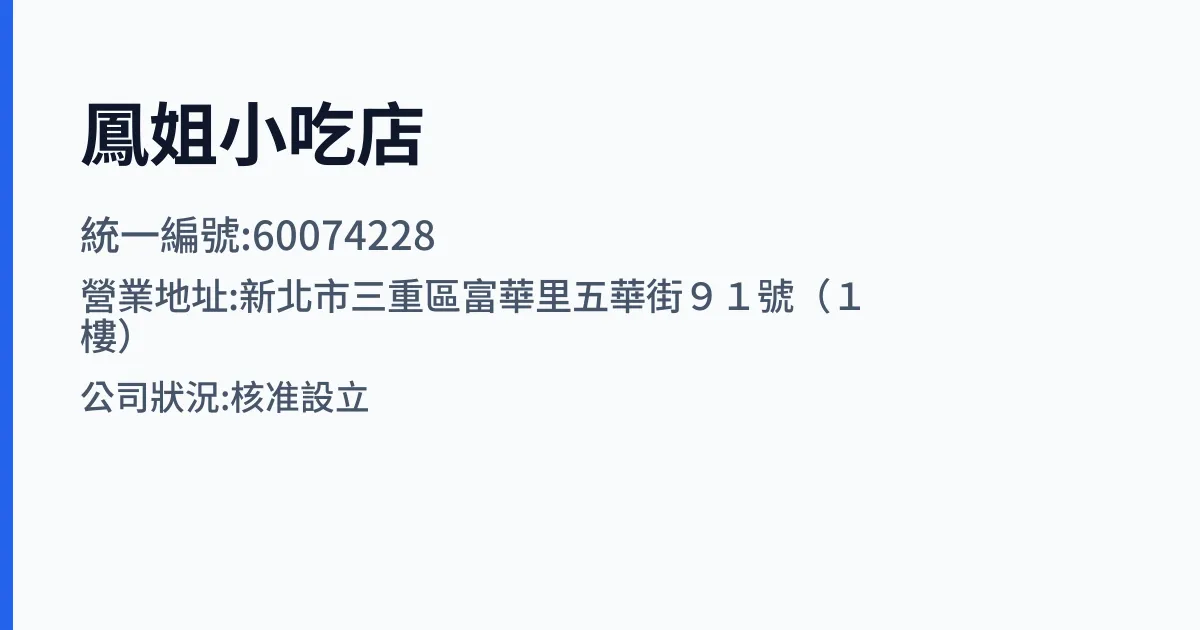 鳳姐小吃店 - 統編 60074228（新北市） 公司登記資料與營業項目詳細圖表