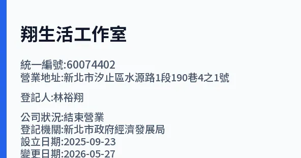 翔生活工作室的照片-統編 60074402(新北市) 公司登記資料與營業項目詳細圖表