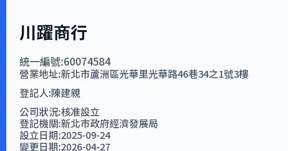 川躍商行的照片-統編 60074584(新北市) 公司登記資料與營業項目詳細圖表
