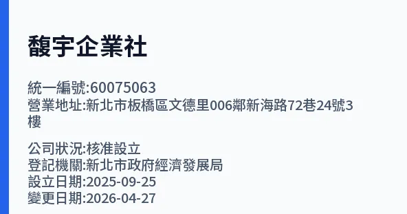 馥宇企業社的照片-統編 60075063(新北市) 公司登記資料與營業項目詳細圖表