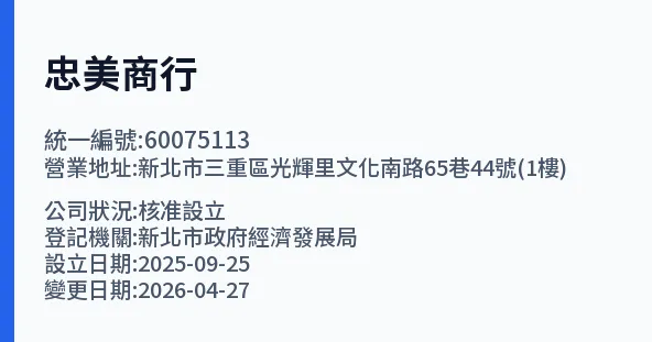忠美商行的照片-統編 60075113(新北市) 公司登記資料與營業項目詳細圖表