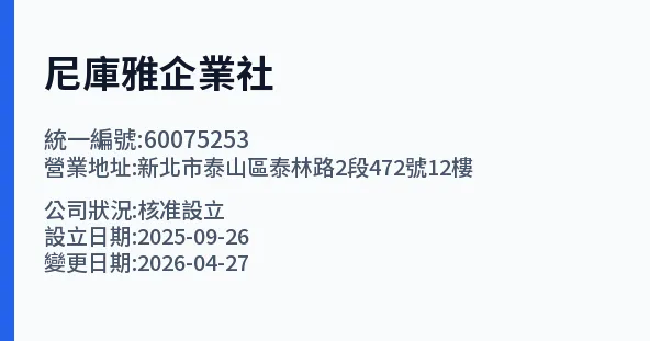 尼庫雅企業社的照片-統編 60075253(新北市) 公司登記資料與營業項目詳細圖表