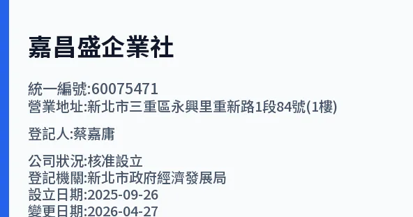 嘉昌盛企業社的照片-統編 60075471(新北市) 公司登記資料與營業項目詳細圖表