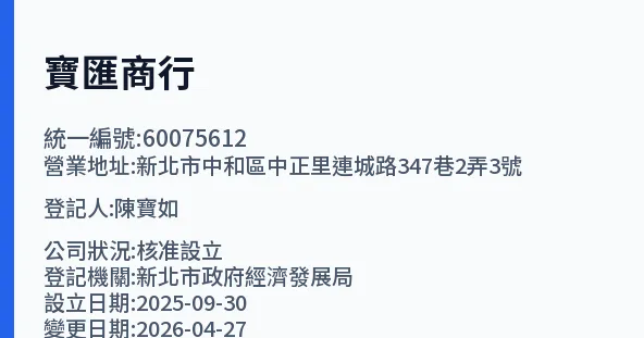 寶匯商行的照片-統編 60075612(新北市) 公司登記資料與營業項目詳細圖表