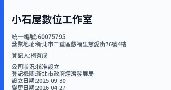 小石屋數位工作室的照片-統編 60075795(新北市) 公司登記資料與營業項目詳細圖表