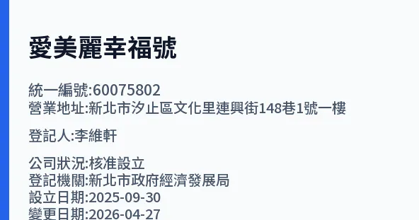 愛美麗幸福號的照片-統編 60075802(新北市) 公司登記資料與營業項目詳細圖表