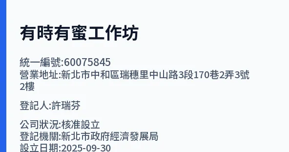 有時有蜜工作坊的照片-統編 60075845(新北市) 公司登記資料與營業項目詳細圖表