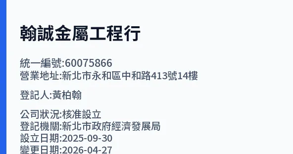 翰誠金屬工程行的照片-統編 60075866(新北市) 公司登記資料與營業項目詳細圖表