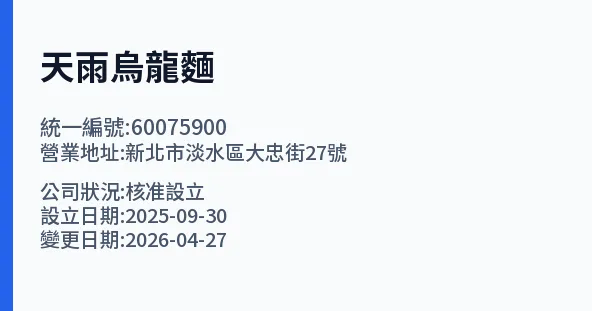 天雨烏龍麵的照片-統編 60075900(新北市) 公司登記資料與營業項目詳細圖表