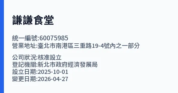 謙謙食堂的照片-統編 60075985(臺北市) 公司登記資料與營業項目詳細圖表