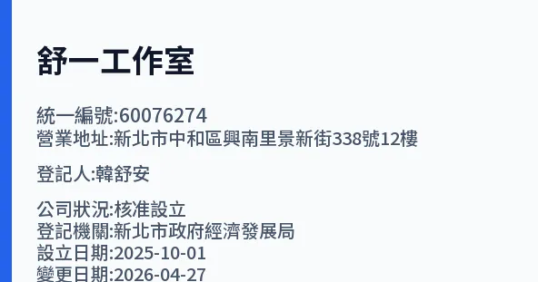 舒一工作室的照片-統編 60076274(新北市) 公司登記資料與營業項目詳細圖表