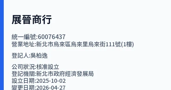 展晉商行的照片-統編 60076437(新北市) 公司登記資料與營業項目詳細圖表