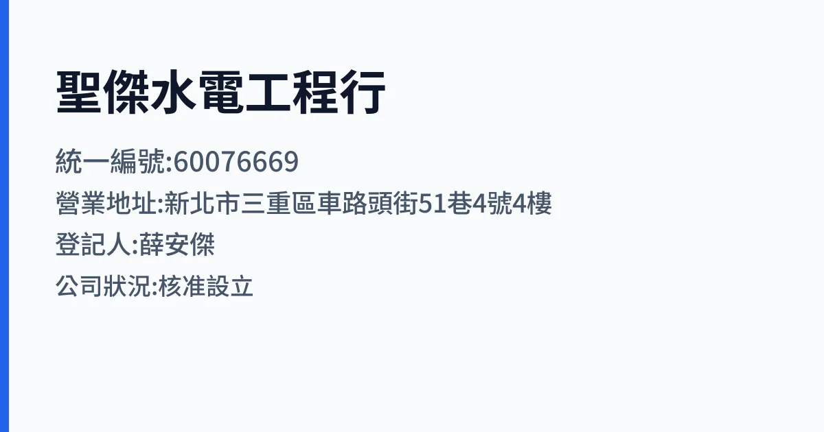 聖傑水電工程行 - 統編 60076669(新北市) 公司登記資料與營業項目詳細圖表