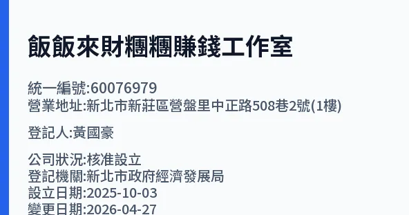 飯飯來財糰糰賺錢工作室的照片-統編 60076979(新北市) 公司登記資料與營業項目詳細圖表