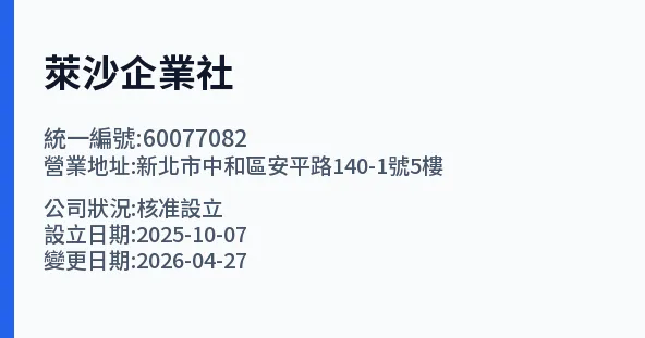 萊沙企業社的照片-統編 60077082(新北市) 公司登記資料與營業項目詳細圖表