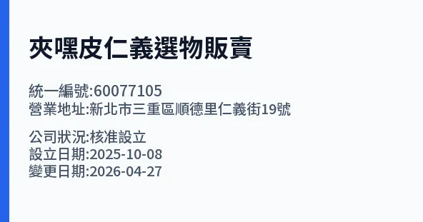 夾嘿皮仁義選物販賣的照片-統編 60077105(新北市) 公司登記資料與營業項目詳細圖表